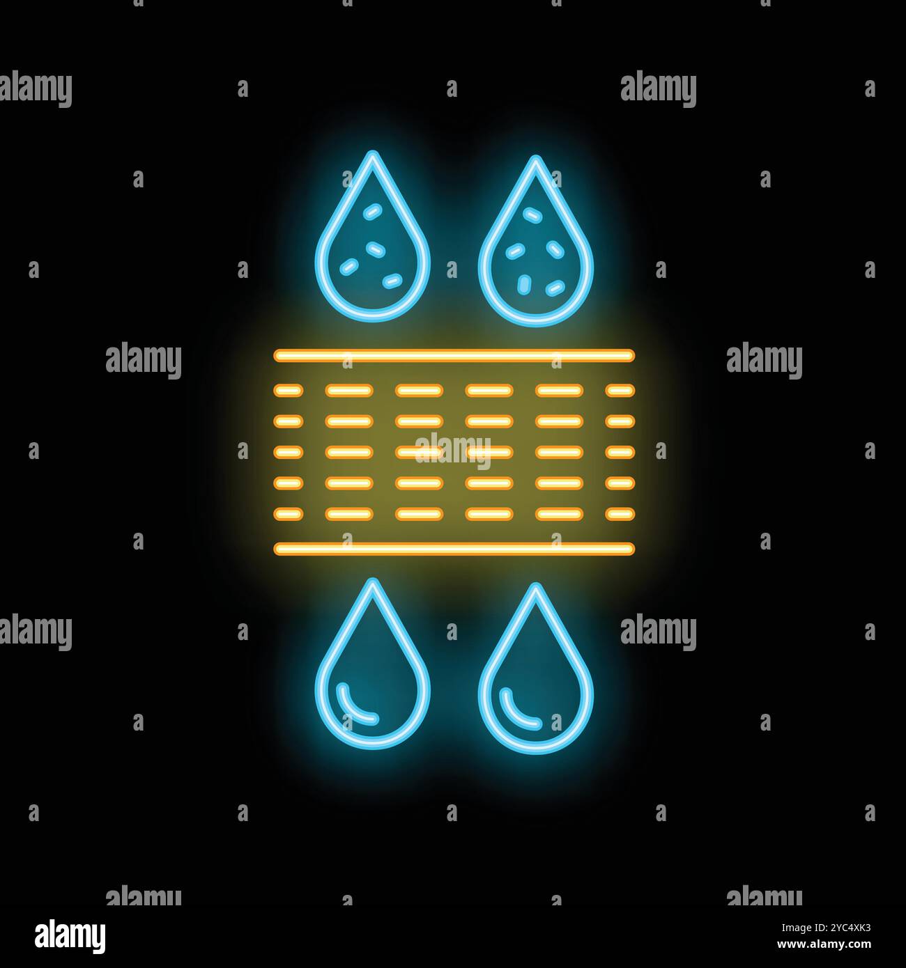 Neon glowing icon of a water filter with water drops going through a ...