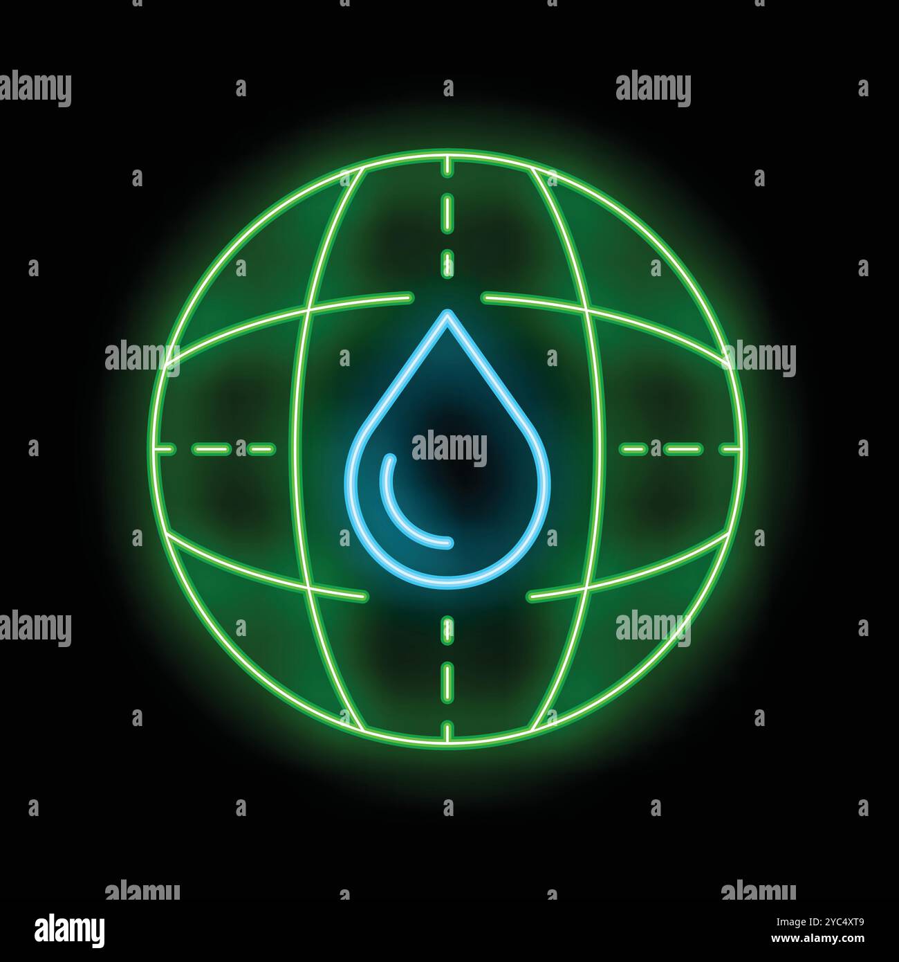 Glowing neon icon of a water drop over a globe, representing the global ...
