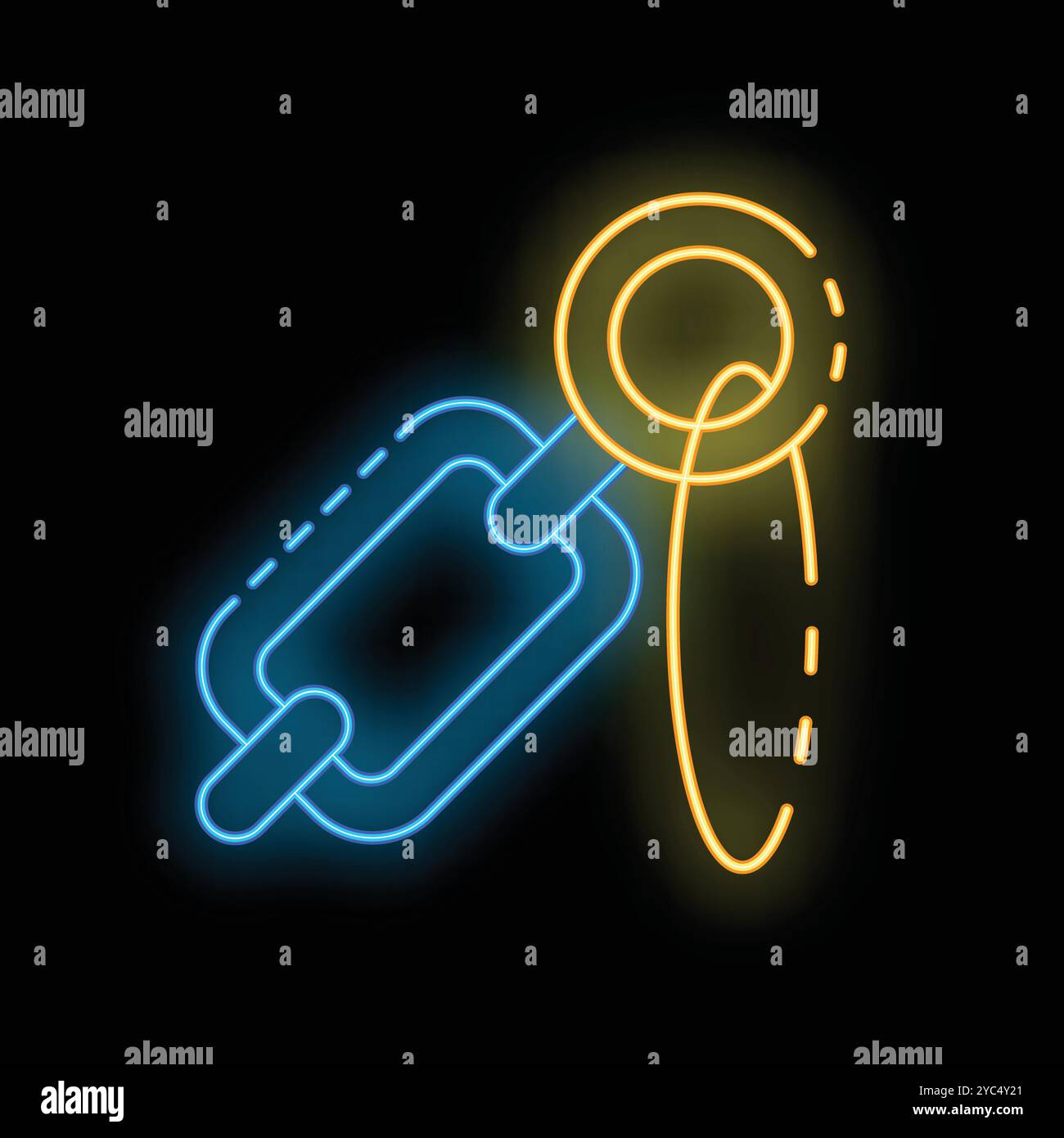 Bright neon chain link connecting to a circle glowing on a black ...
