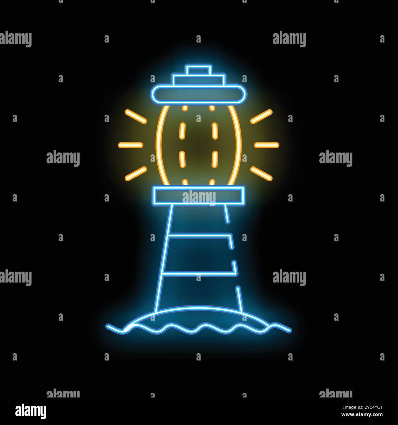 Neon lighthouse shining its beam out over a dark ocean, guiding ships ...