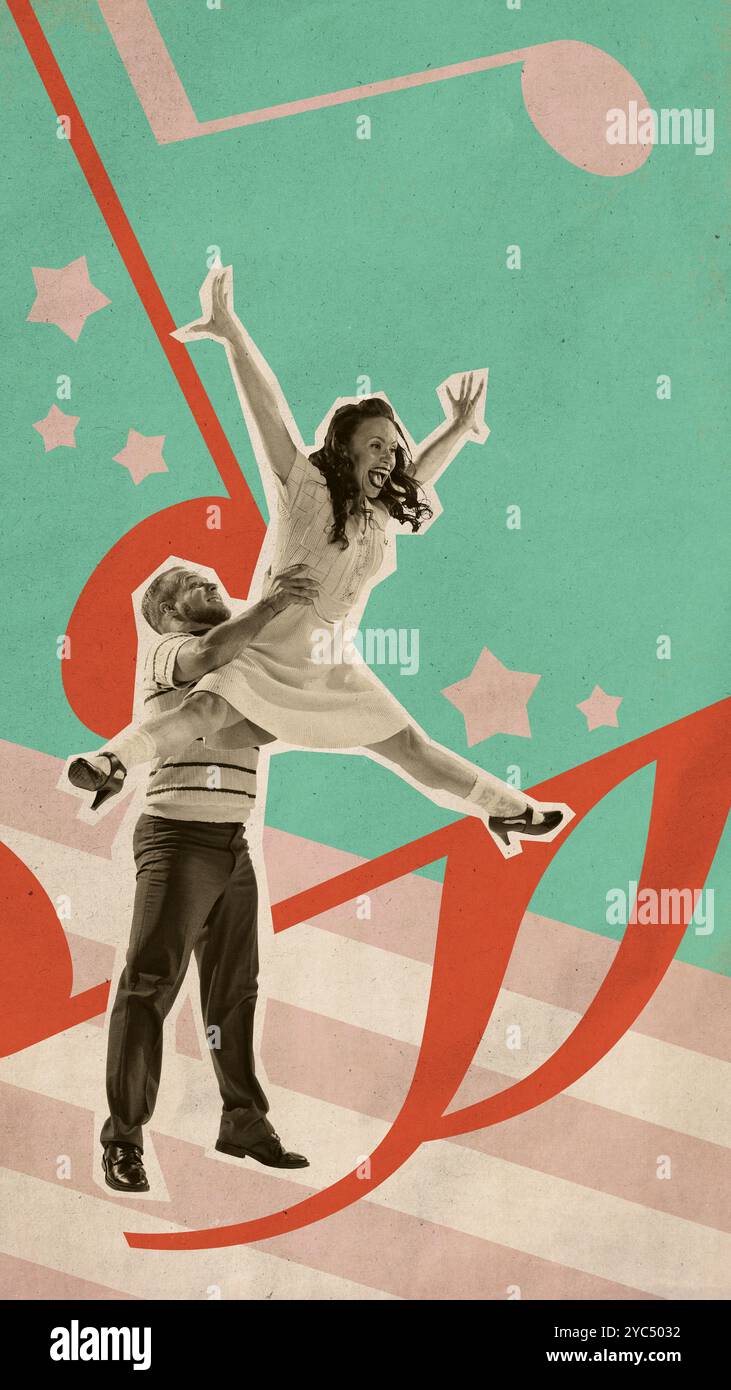 Retro dance twirl in full swing. Man and woman dressed in vintage ...