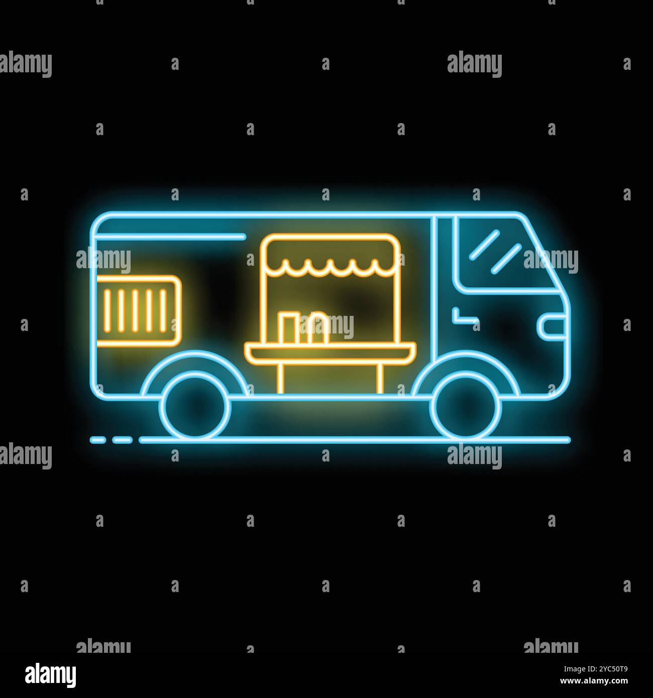 Luminous neon sign showing a food truck offering takeaway food and ...