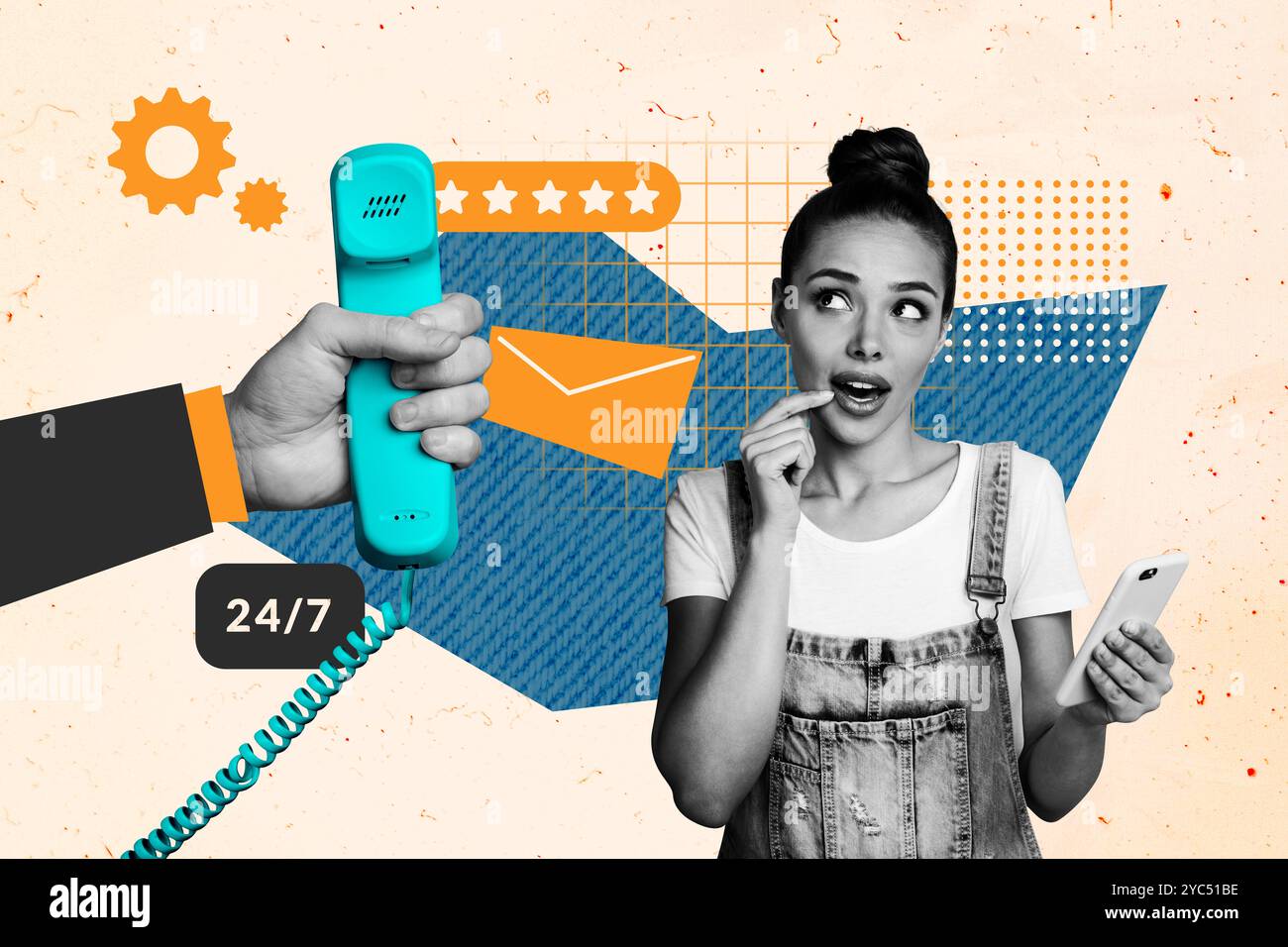 Creative collage picture young woman landline telephone operator wire ...