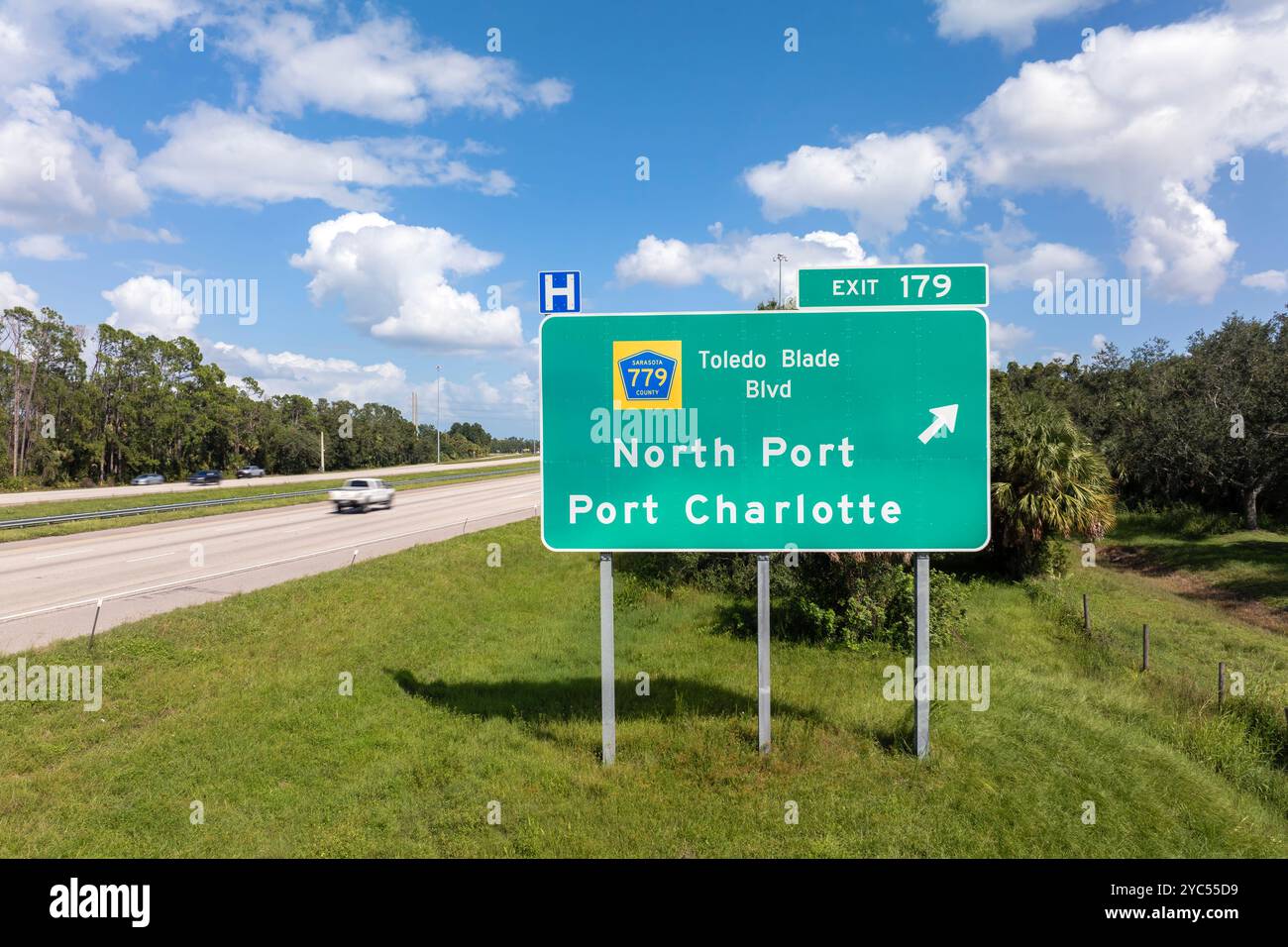 American interstate highway directional exit sign on fast motorway in ...