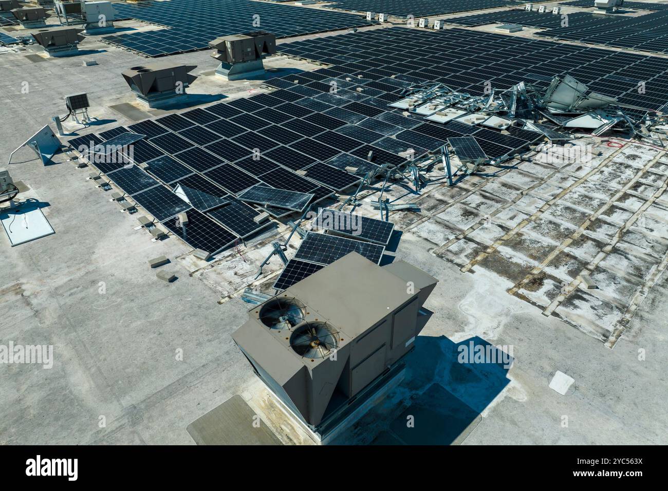 Broken down photovoltaic solar panels destroyed by hurricane Ian winds ...