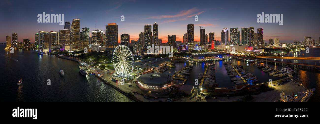 American urban landscape at night. Miami marina and Skyviews ...