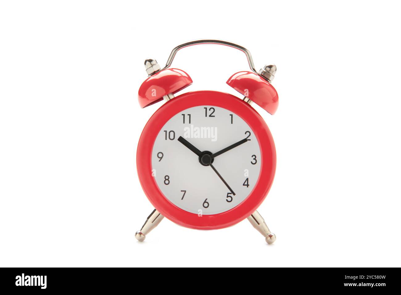 Retro red alarm clock isolated on white background. Top view Stock ...