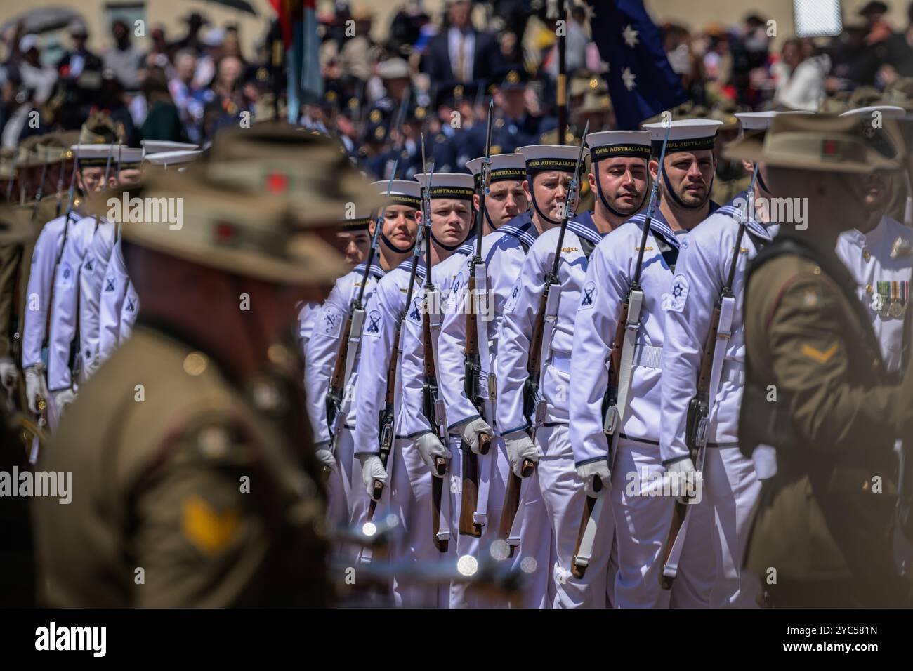Canberra, Australia. 21st Oct, 2024. Australian troops are seen marching into the Parliament ...