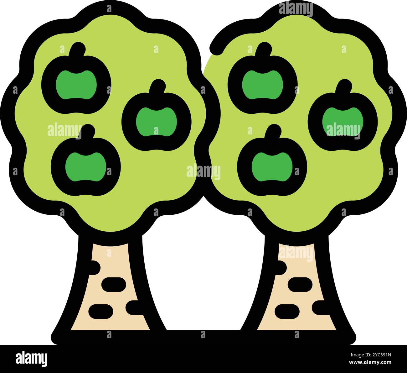 Simple and colorful icon of two apple trees growing green apples in an ...