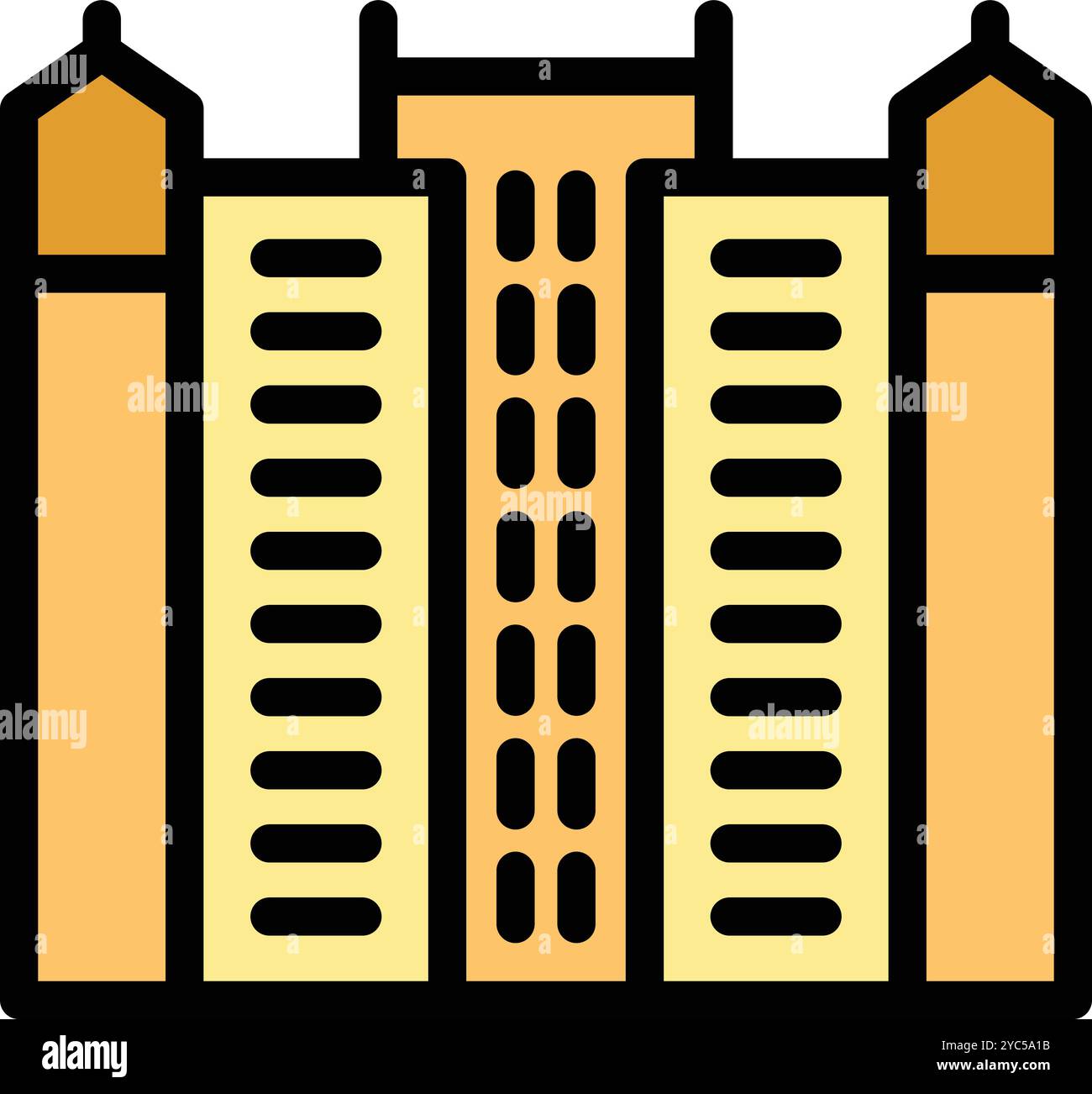 Simple colorful icon representing a modern multi storey building facade ...