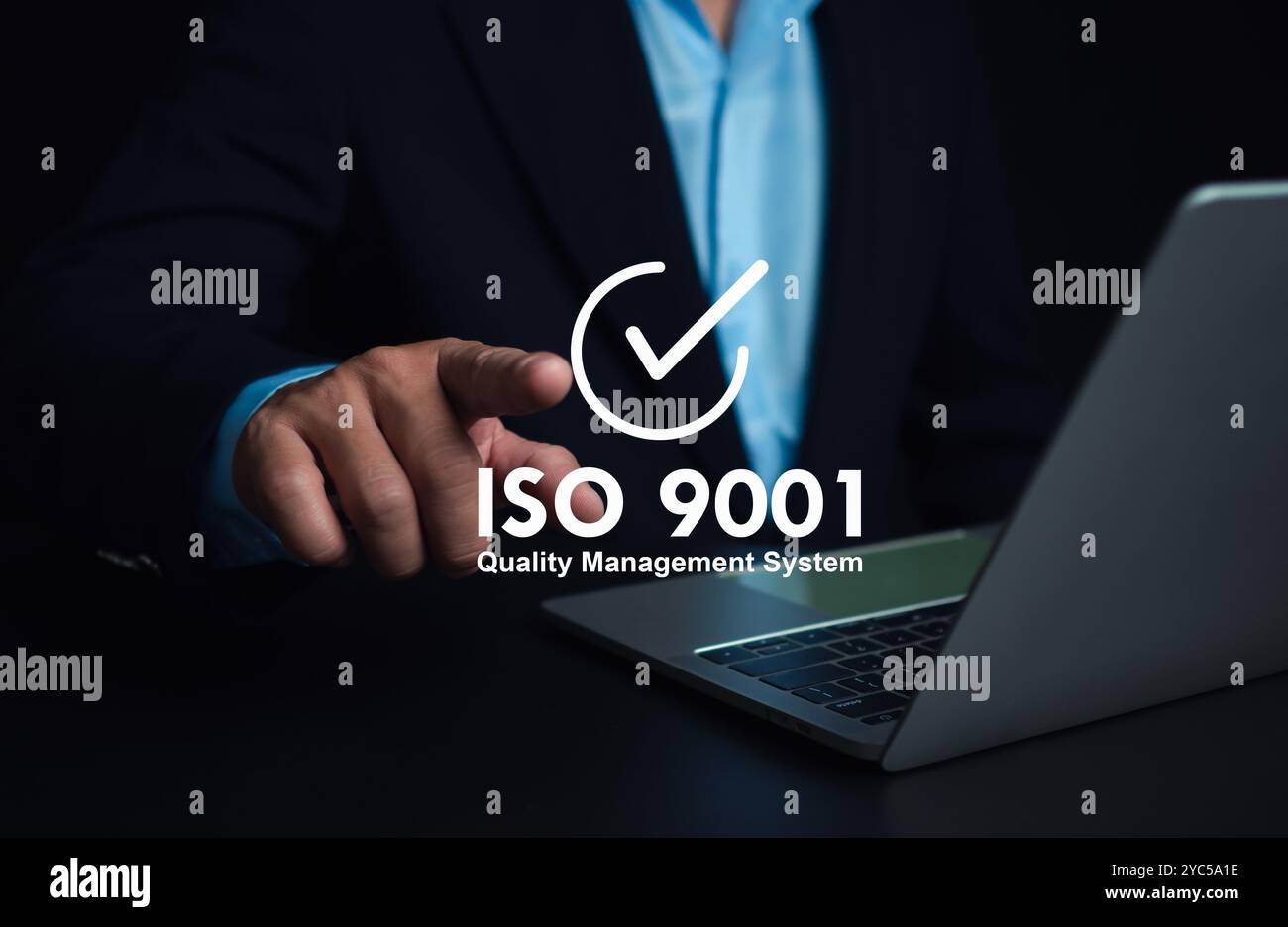 ISO 9001 Standard certification standardisation quality control concept. Businessman point your ...