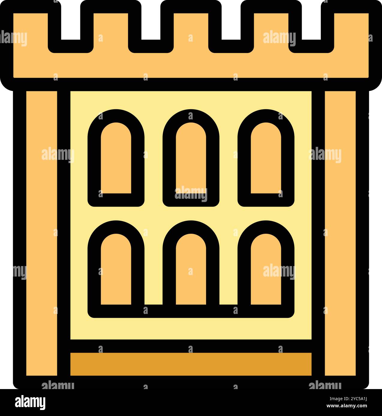 This icon design depicts a medieval castle facade with fortified wall ...
