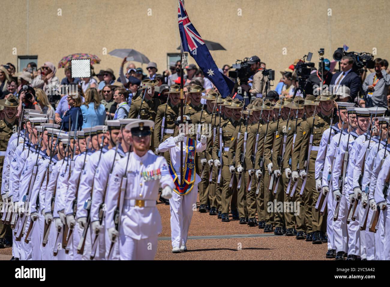 Canberra, Australia. 21st Oct, 2024. Australian troops are seen marching into the Parliament ...