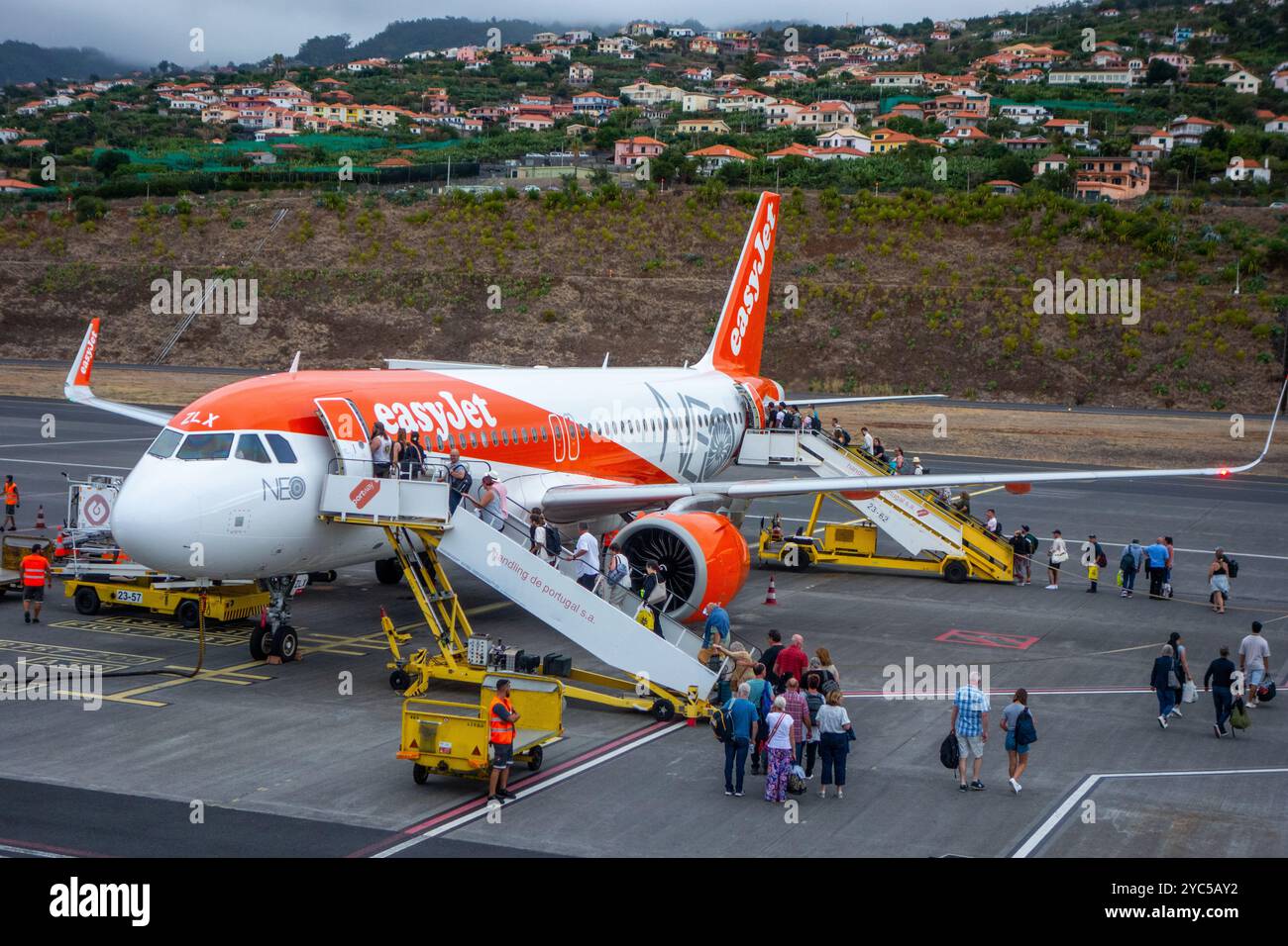 Holidaymakers embarking and disembarking from EasyJet airplane at ...