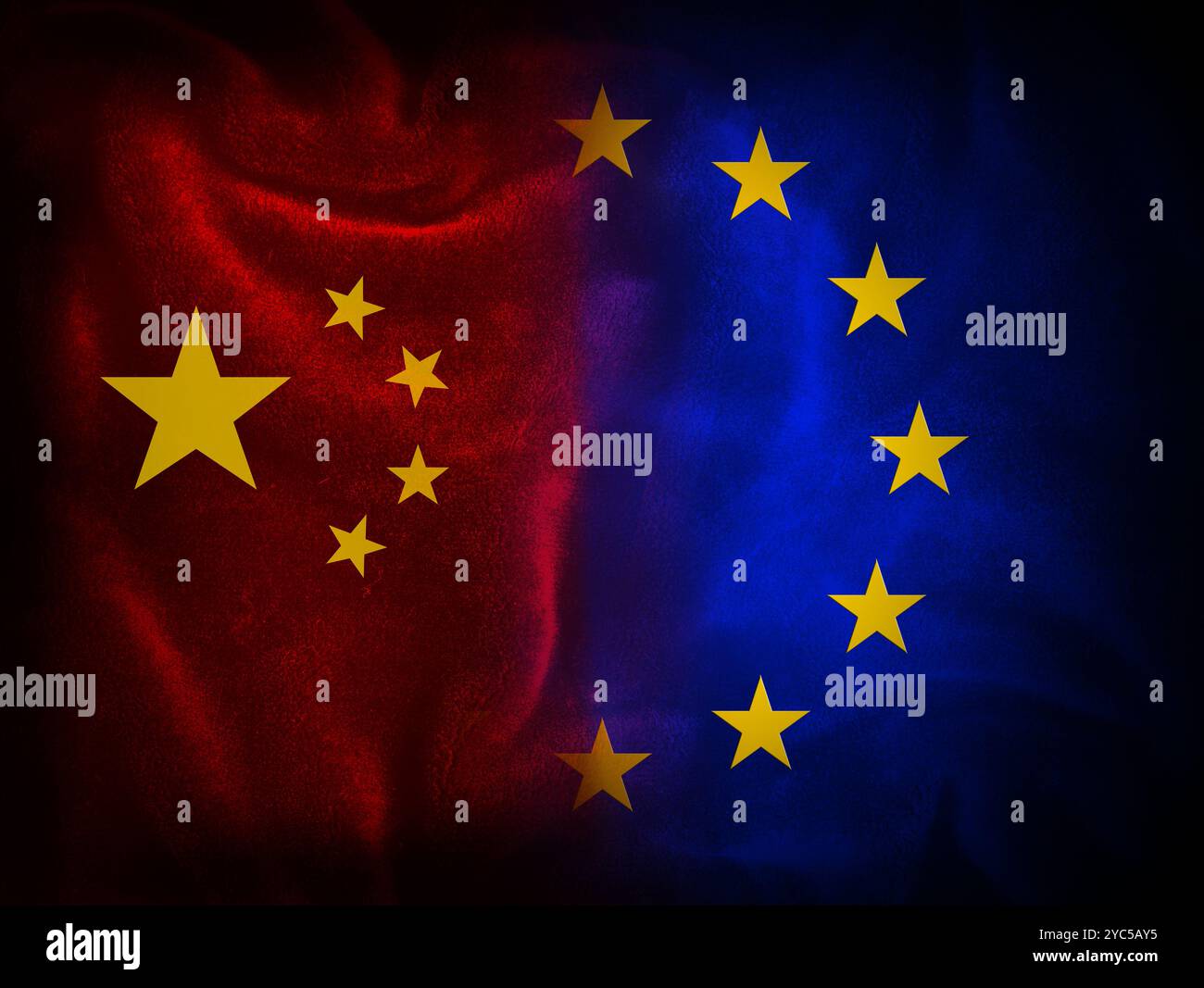 Chinese vs European Union flags illustration with dark textured fabric ...