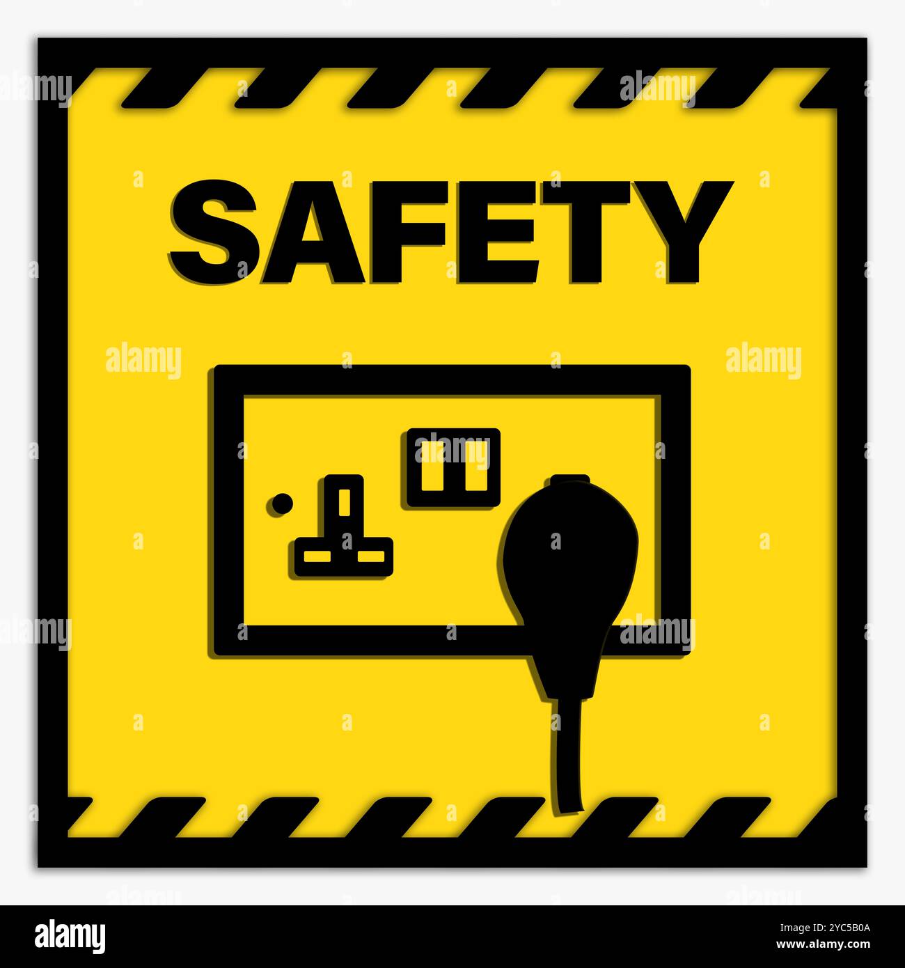 Safety sign (yellow and black square shape) showing a UK electric plug ...