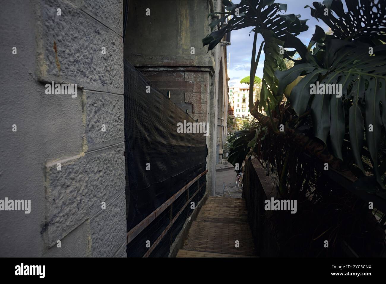 Narrow passageway made with stairs in the shade bordered by pillars of ...