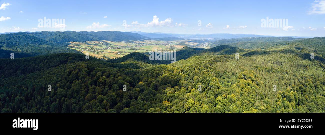Aerial view of mountain hills covered with dense green lush woods on ...