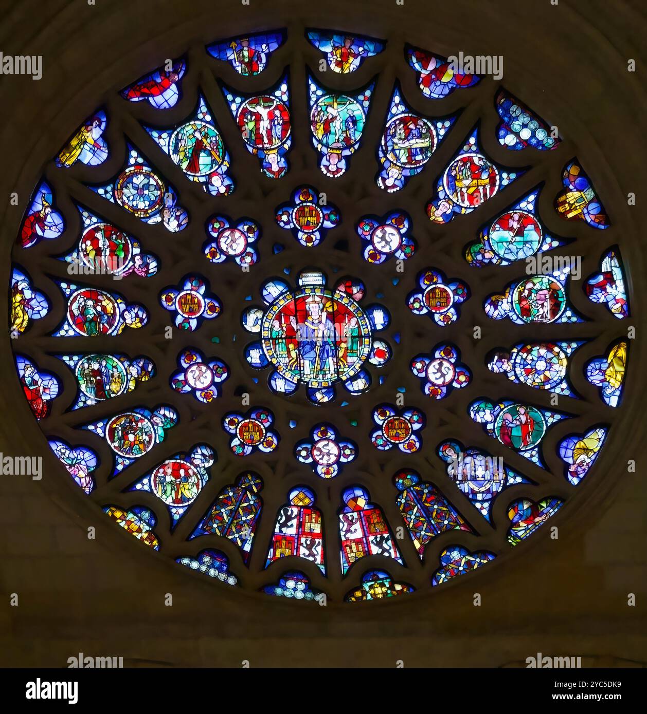 Interior view of a stained glass rose window in the Roman Catholic ...