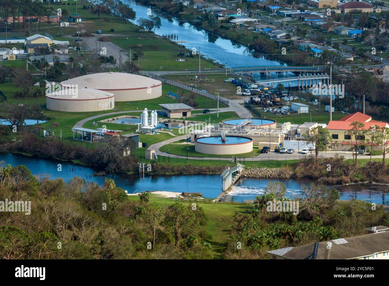 Aerial view of water treatment factory at city wastewater cleaning ...