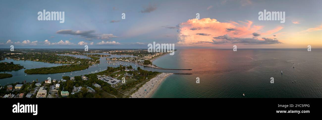 Aerial view of sea shore near Venice, Florida with white yachts at ...