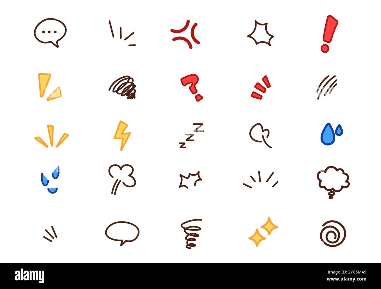 Cartoon icons. Cute line elements for sticker effect. Hand drawn emoji ...