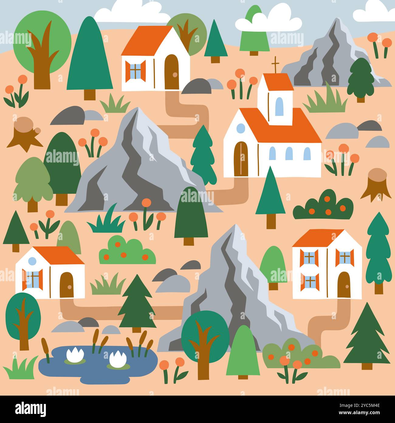 Mountain village. Minimal city landscape. Town architecture. Farm ...