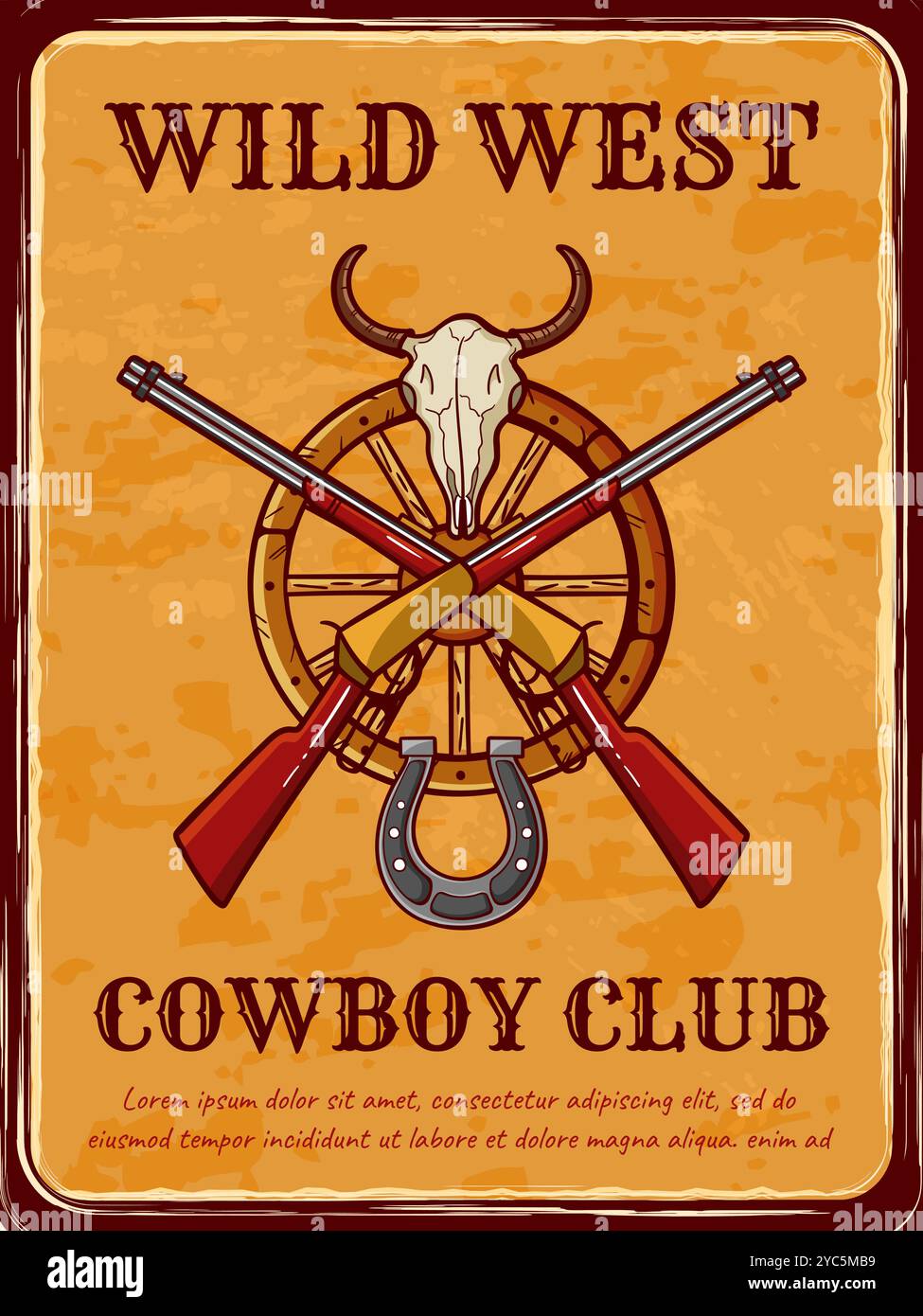 Wild West card. Cowboy club. Cartwheel and horseshoe. Invitation retro ...