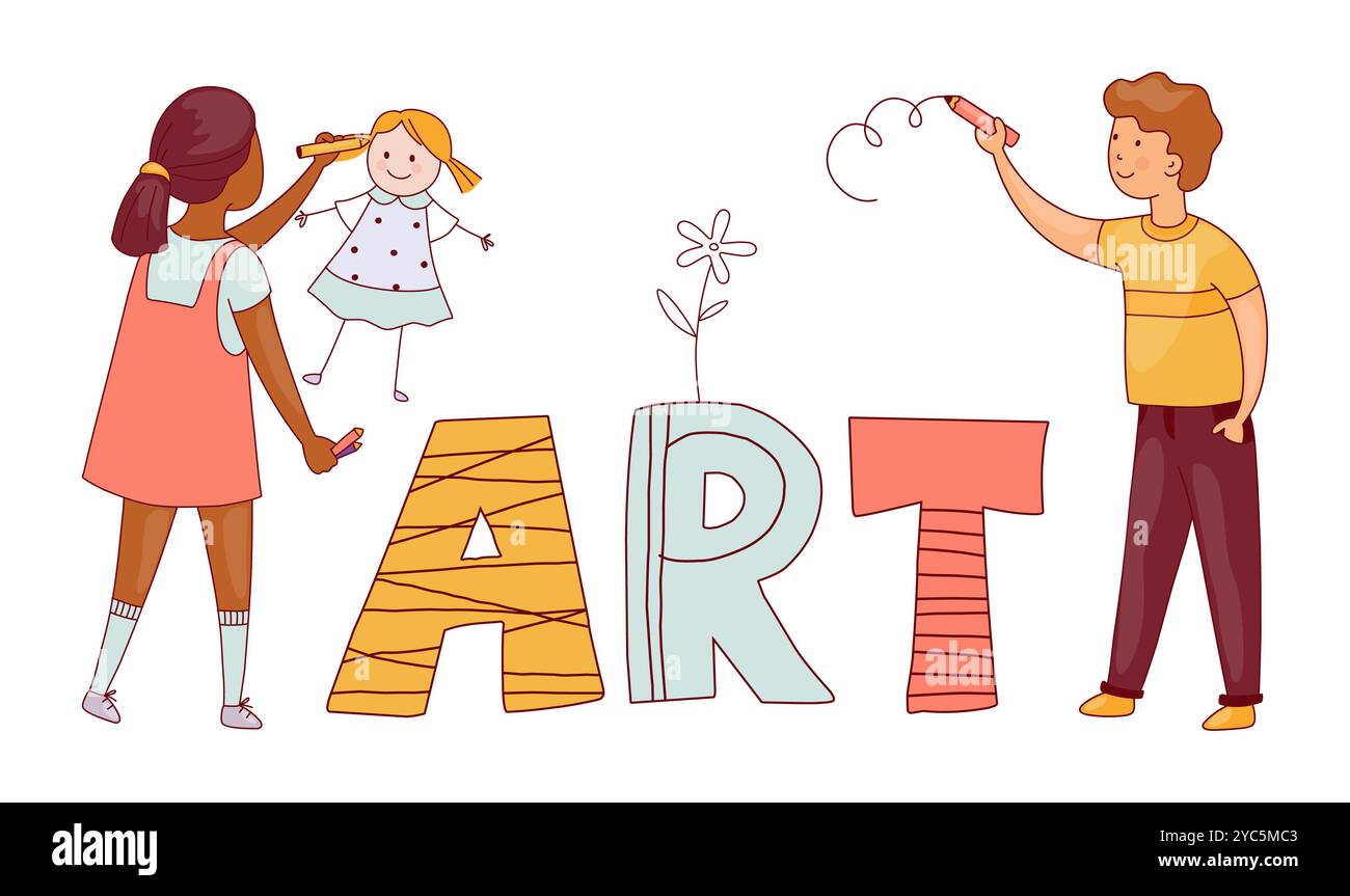 Happy kids. Children art. Creative hobby. Girl drawing doll with color ...