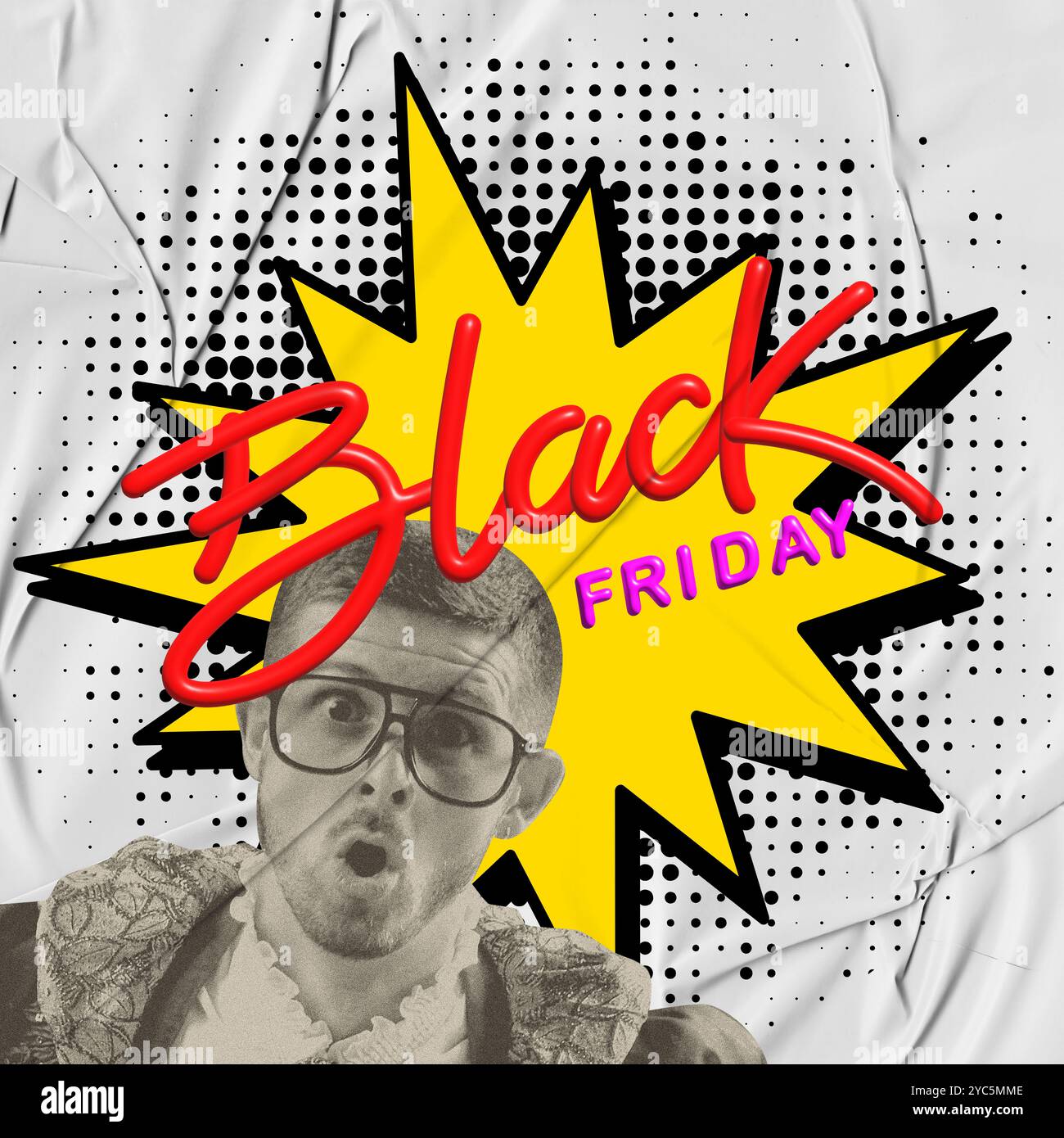 Black Friday pop art excitement. Emotional man in medieval clothes and ...