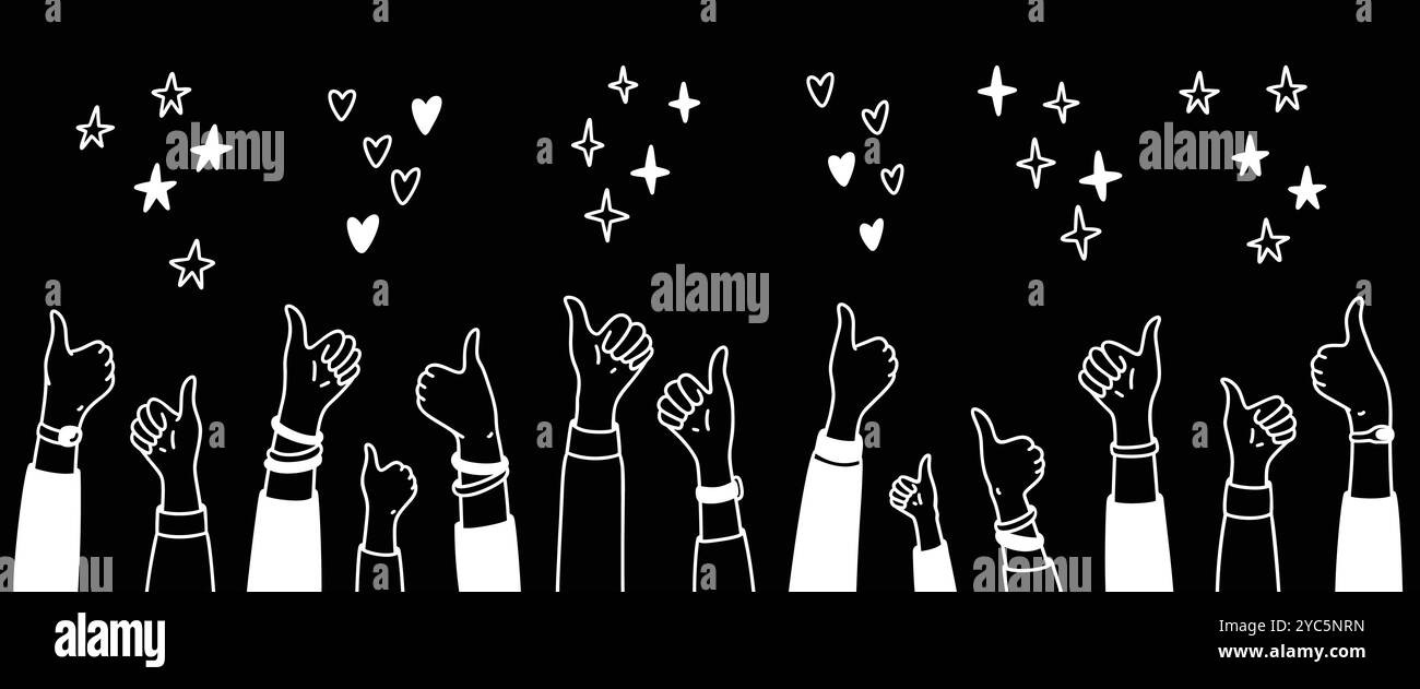 Raising hands with thumb up doodle background. Positive reaction for ...