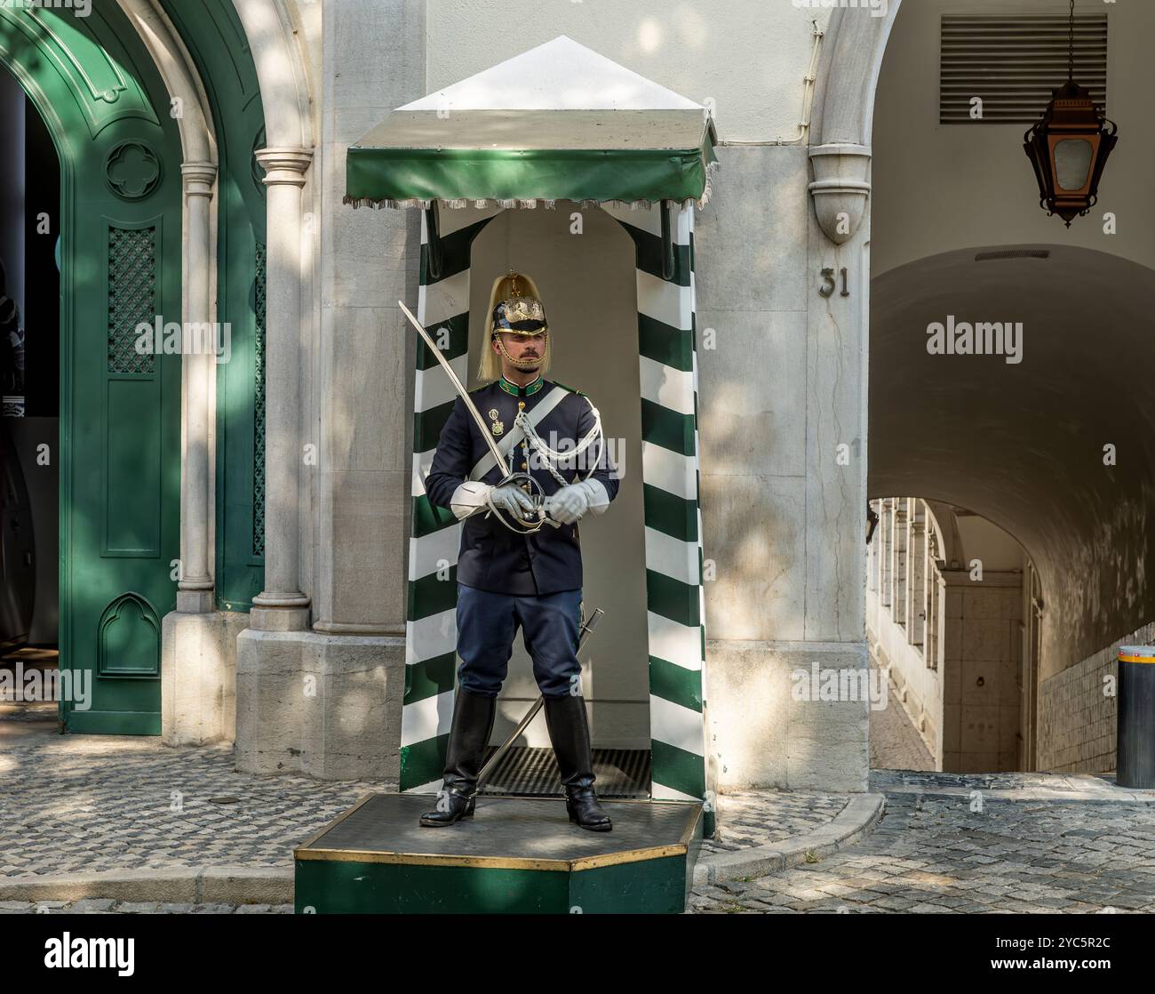 Guard in a sentry box in Lisbon Portugal Stock Photo - Alamy