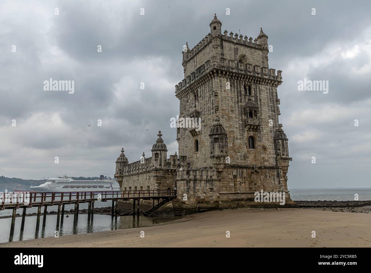 Tower of Belen in Lisbon with cruise ship in background Stock Photo - Alamy