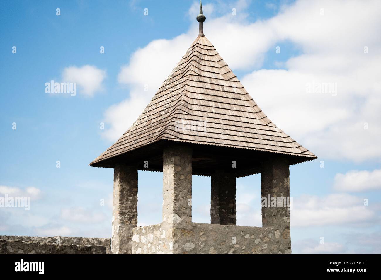 View point of triangular roof shape and covered with wooden tiles ...