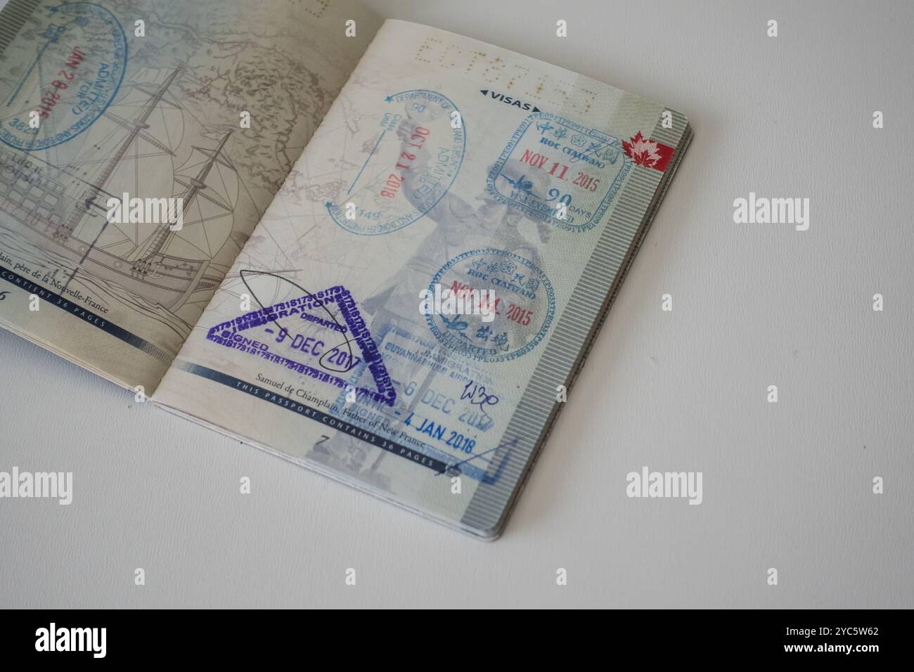 The visa page inside a Canadian passport, full of stamps from various ...