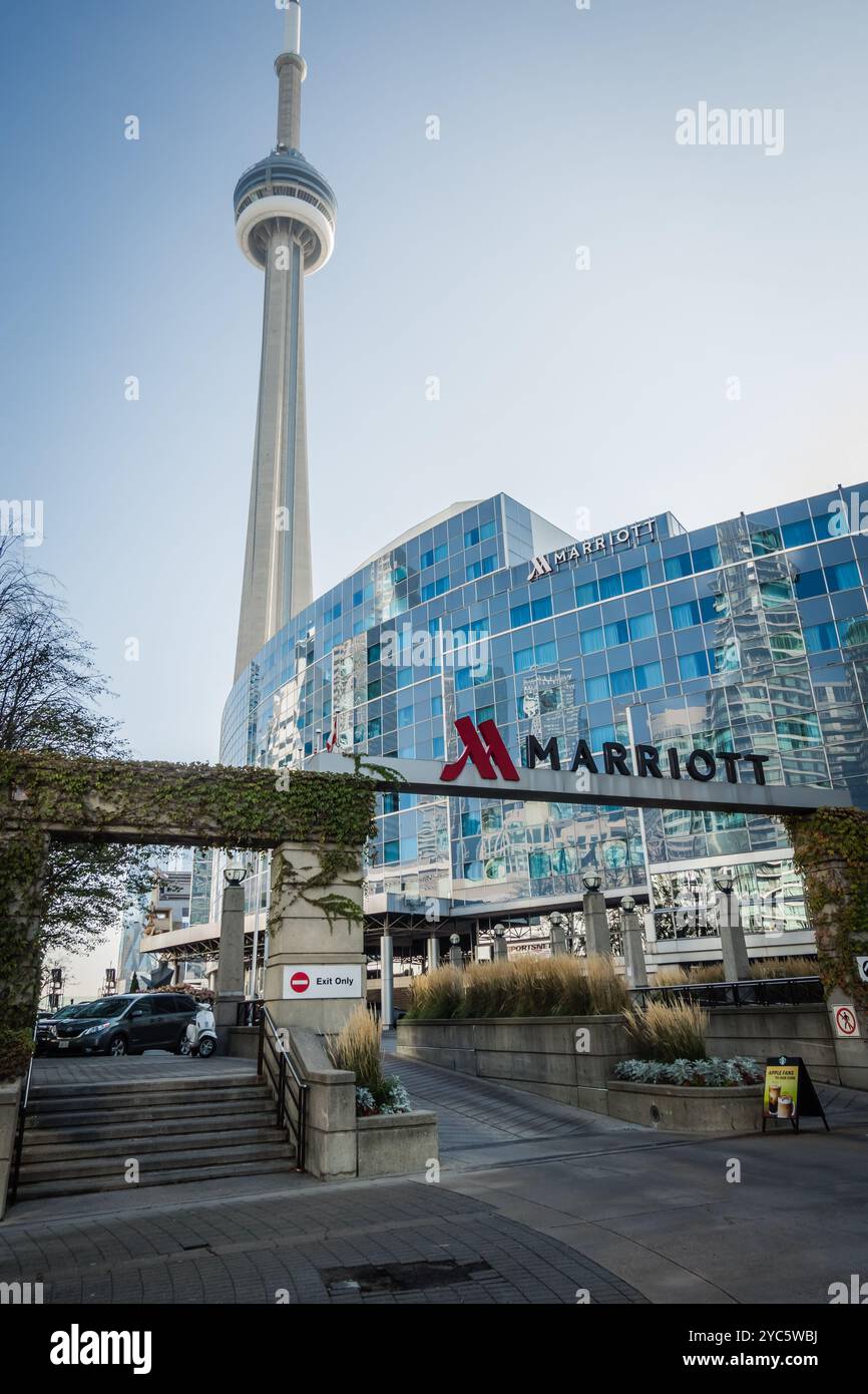 The exterior of the Toronto Marriott Hotel with the iconic CN Tower ...