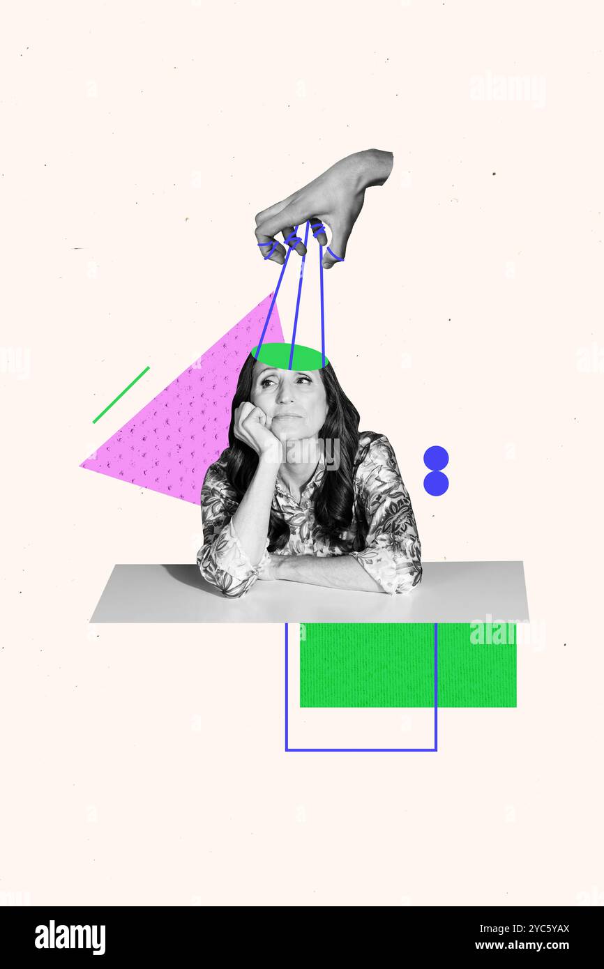 Vertical photo collage of old woman cut head marionette manipulation ...