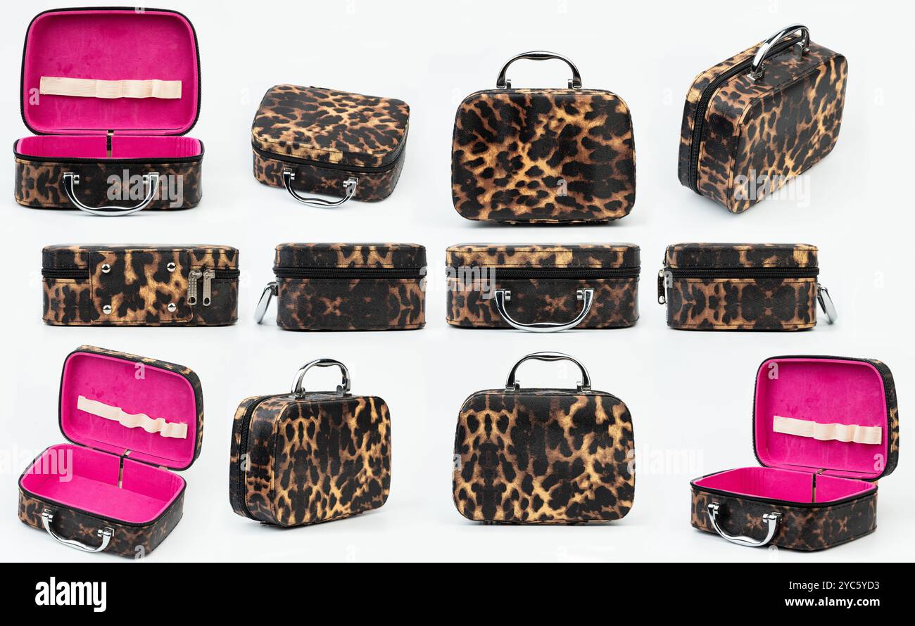 Cosmetic case features a leopard print design and a vibrant pink ...