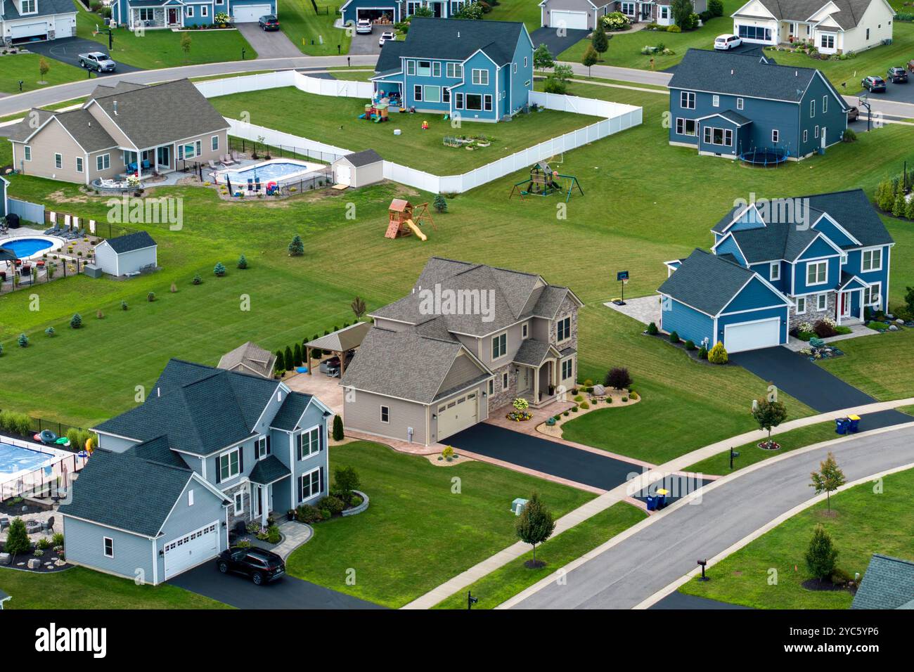 Aerial view of spacious new family houses in upstate New York suburban ...