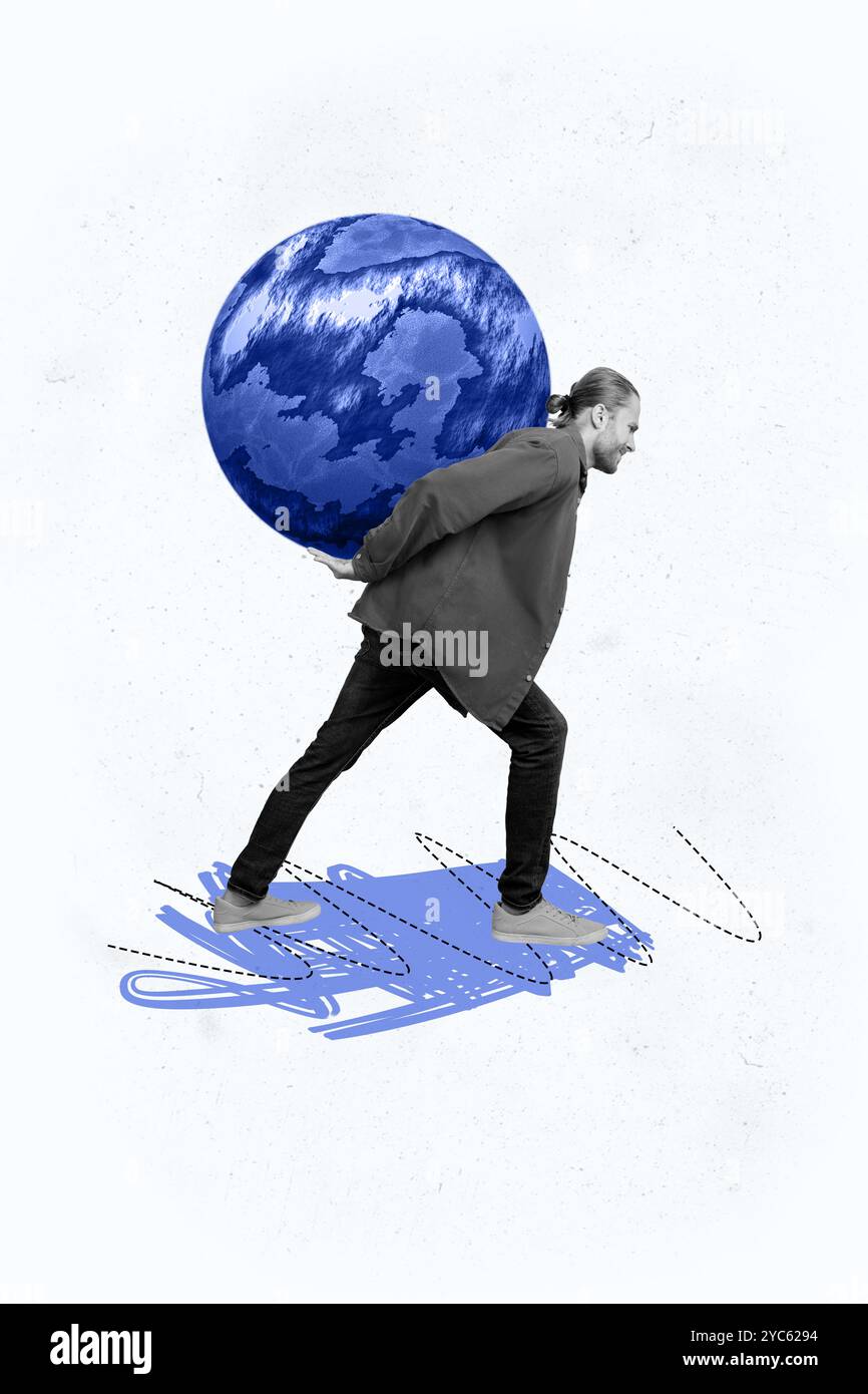 Vertical photo collage of unhappy man carry globe earth relocation ...