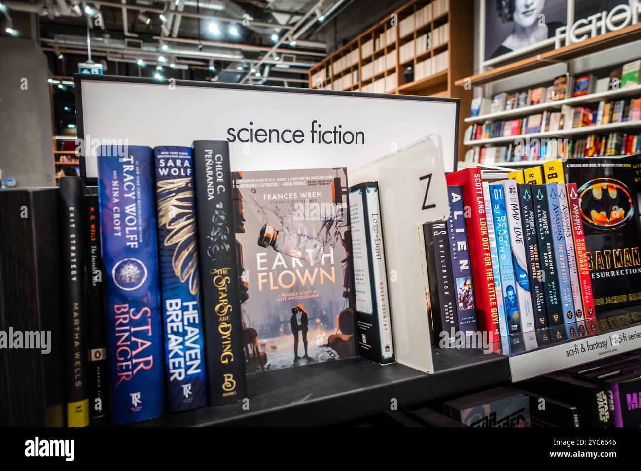 The science fiction section inside a bookstore, featuring shelves of ...