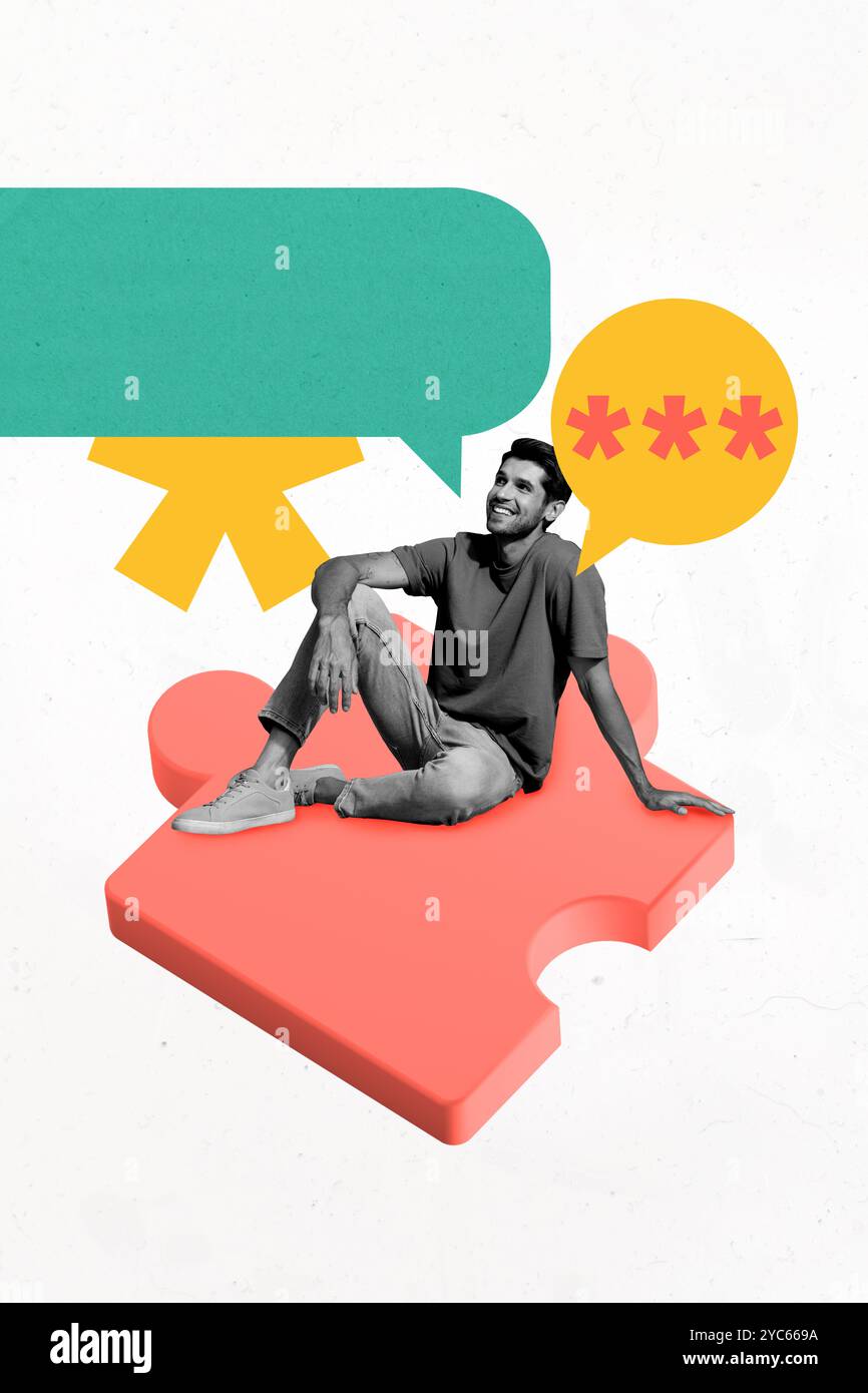 Vertical creative 3d magazine collage image of guy sitting jigsaw ...
