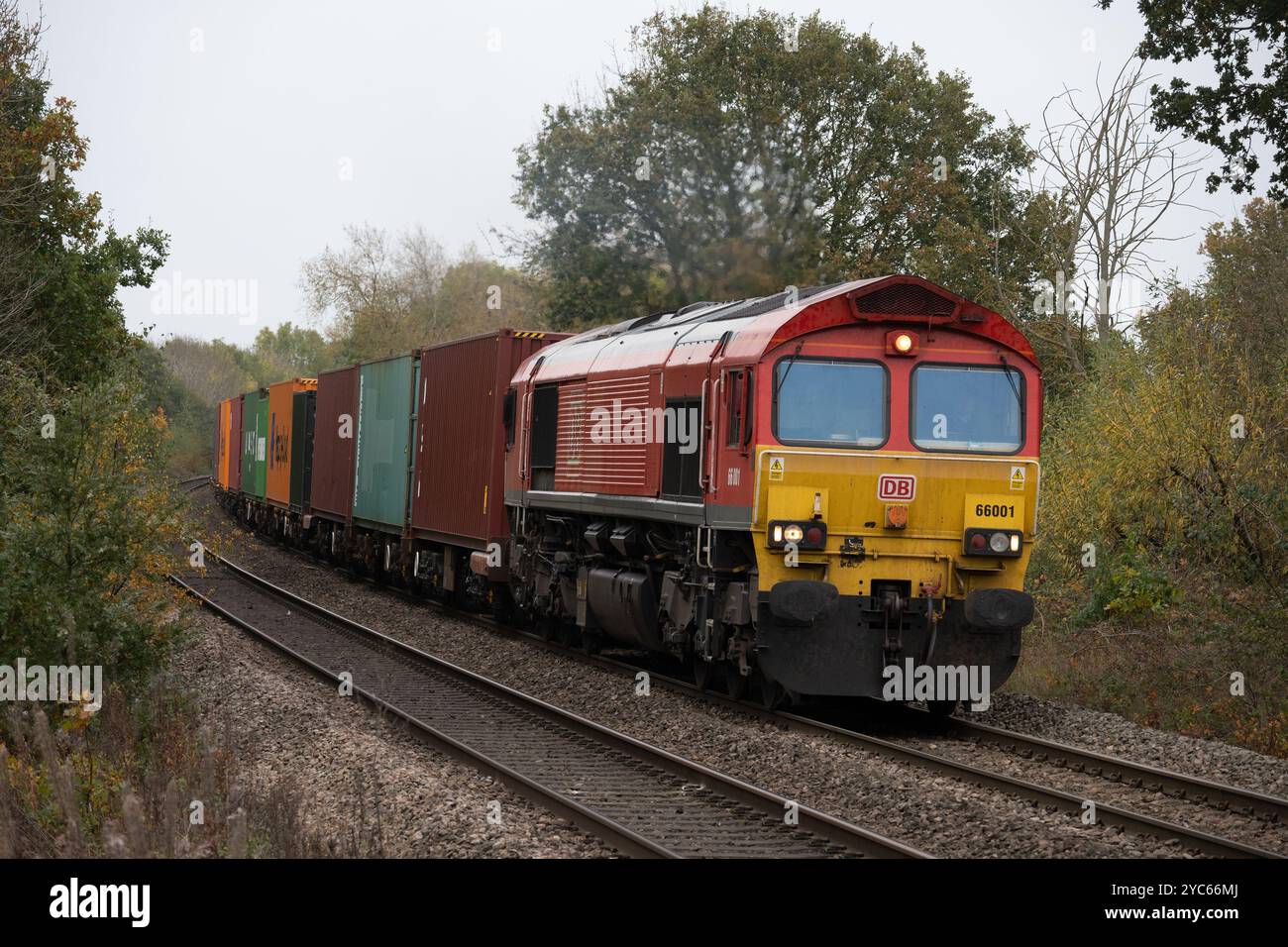 DB Class 66 diesel locomotive No. 66001 pulling a freightliner train up ...
