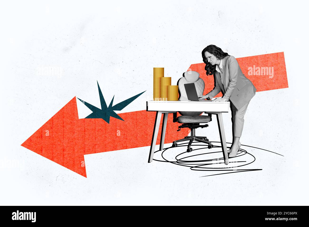 Composite photo collage of serious old woman stand table surf laptop ...