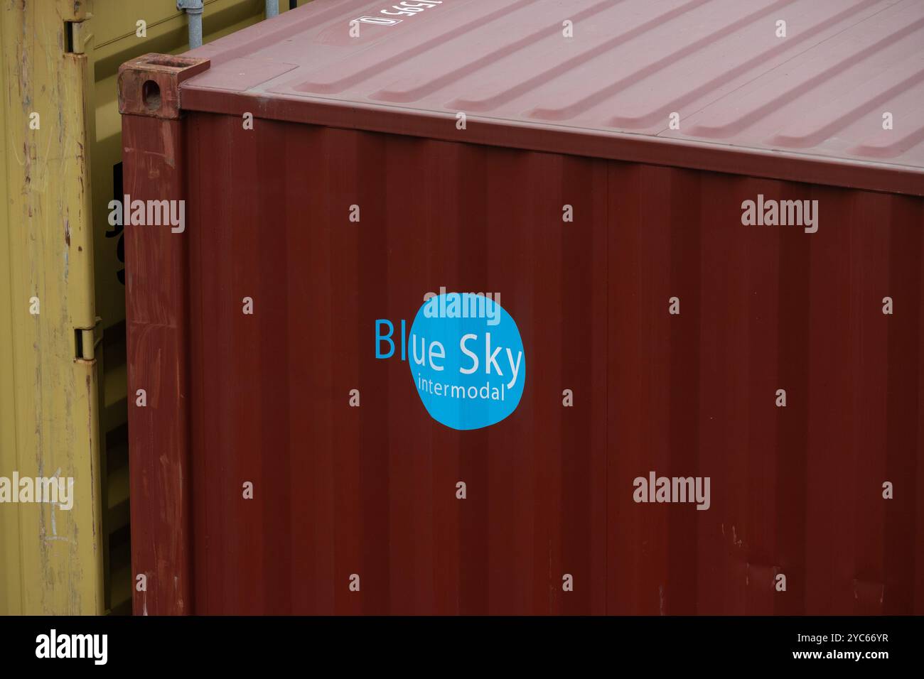 Blue Sky intermodal container on a train, UK Stock Photo - Alamy