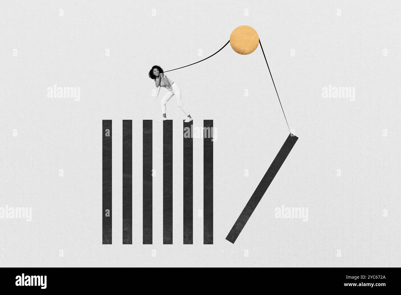 Creative poster collage of funny young woman pull lever domino building ...