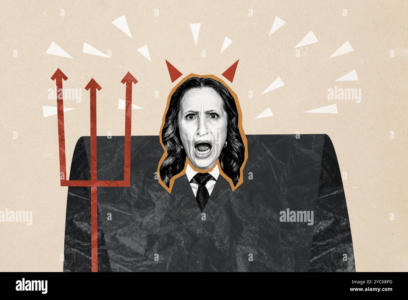 Composite photo collage of angry businesswoman satan monster devil hold ...