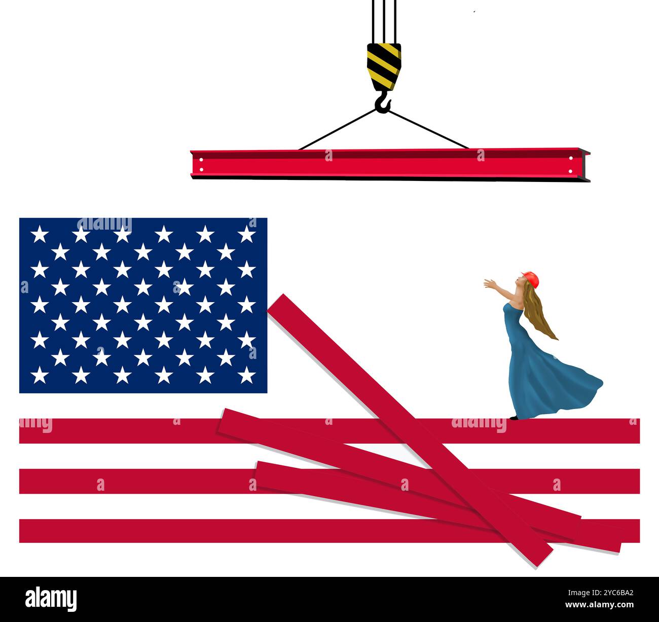 A broken USA flag is being rebuilt with a woman in a hardhat leading ...