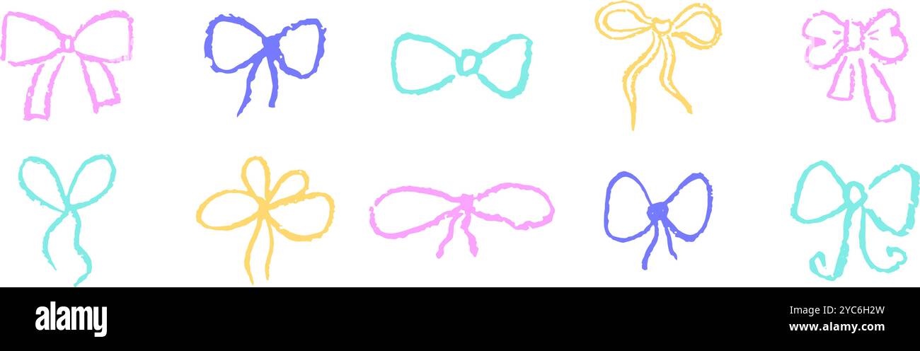 Set of bows drawn with pastel or charcoal pencil. Colorful chalk bow ...