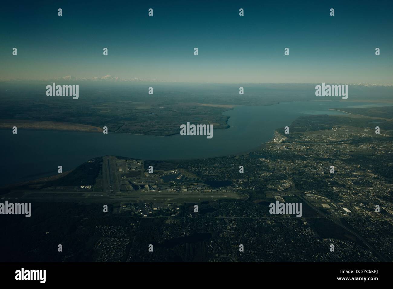 Aerial view of downtown Anchorage and Port on Knik Arm from a taking ...